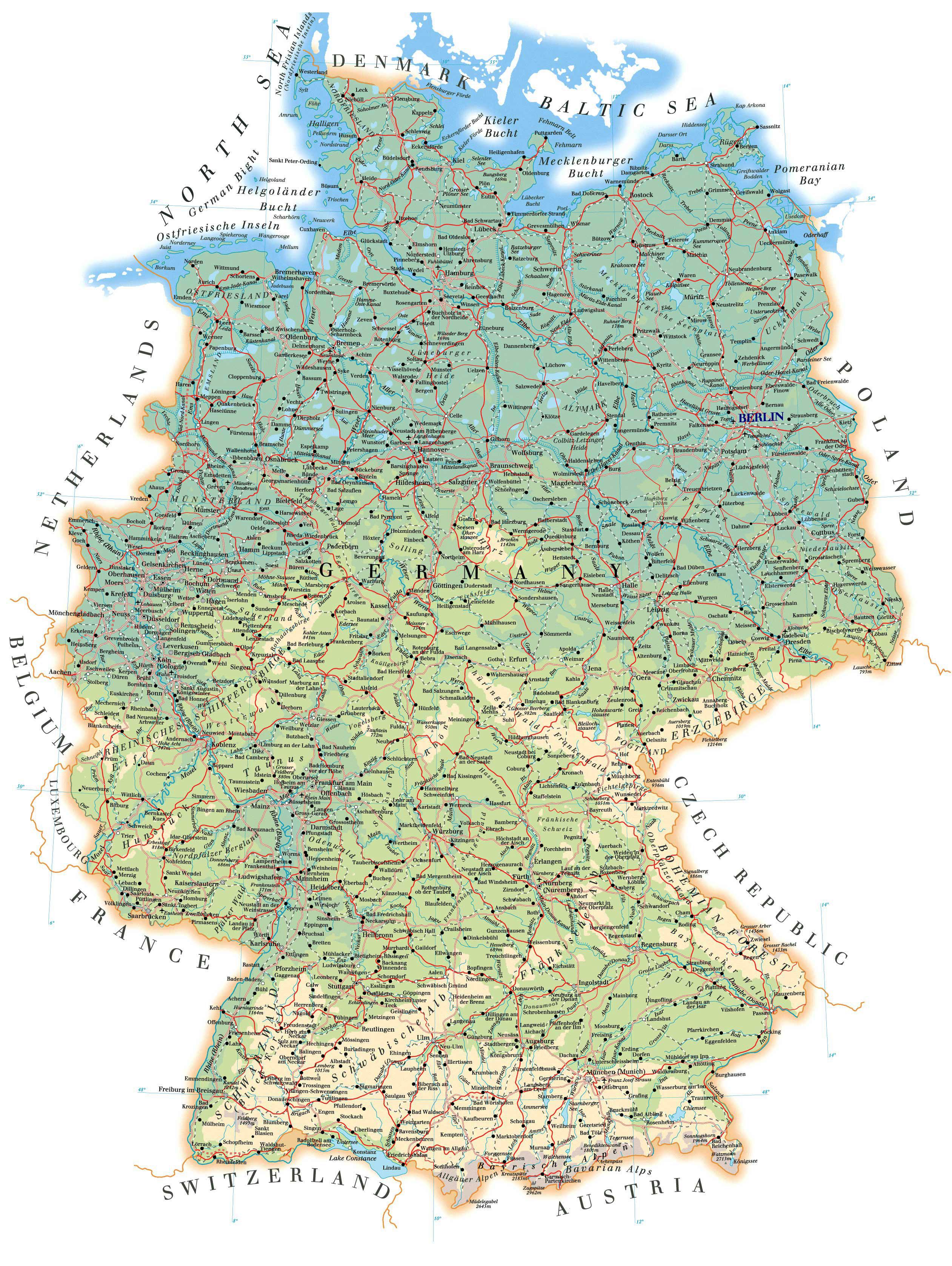 Podrobné mapy Nemecka - Označené mape Nemecka (v Západnej Európe - Európa)